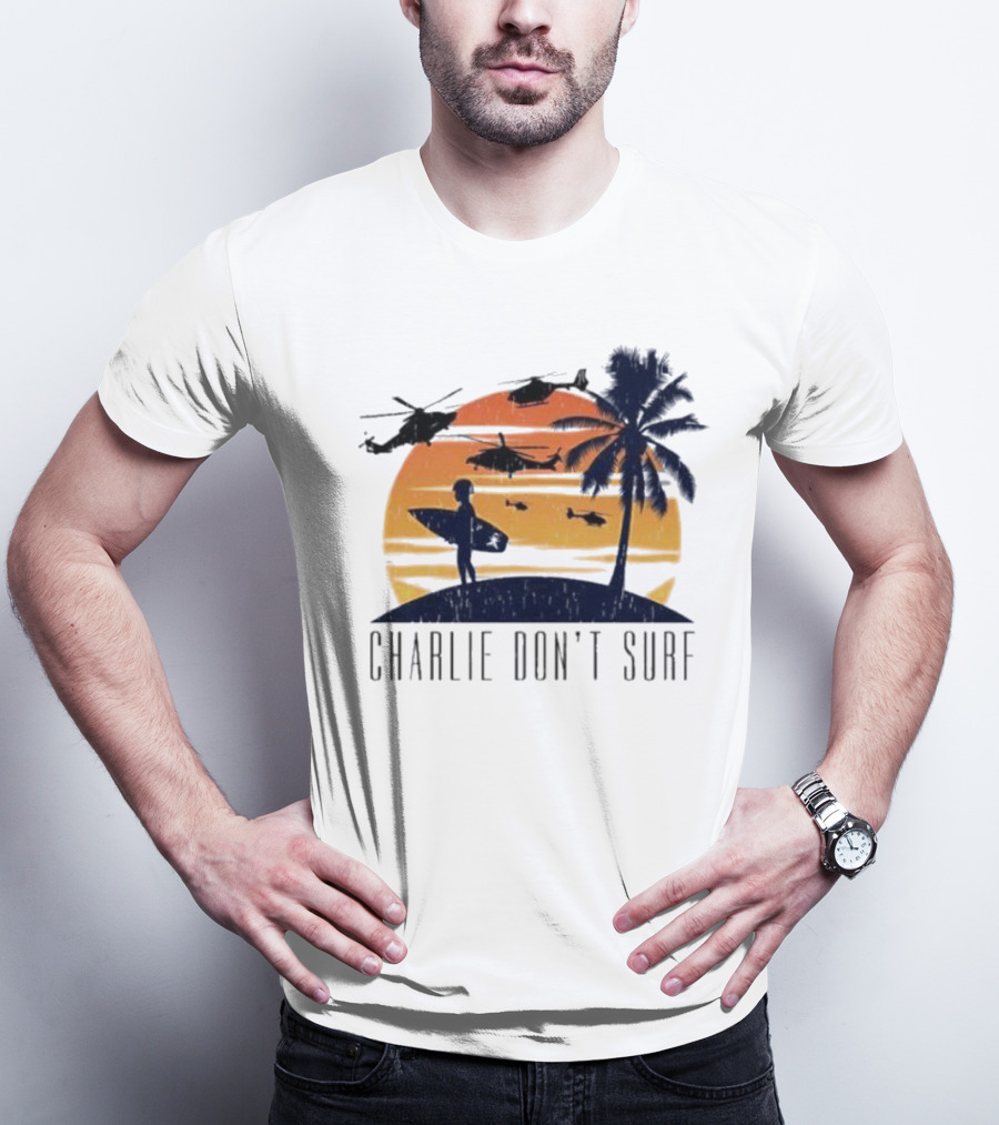 Charlie Don’t Surf Helicopters Palm Sunset Surfer T-Shirt