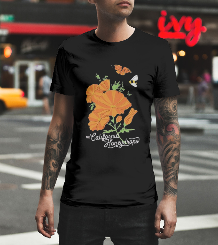 The California Honeydrops Orange Poppies Meadow With Butterfly And Bee T-Shirt