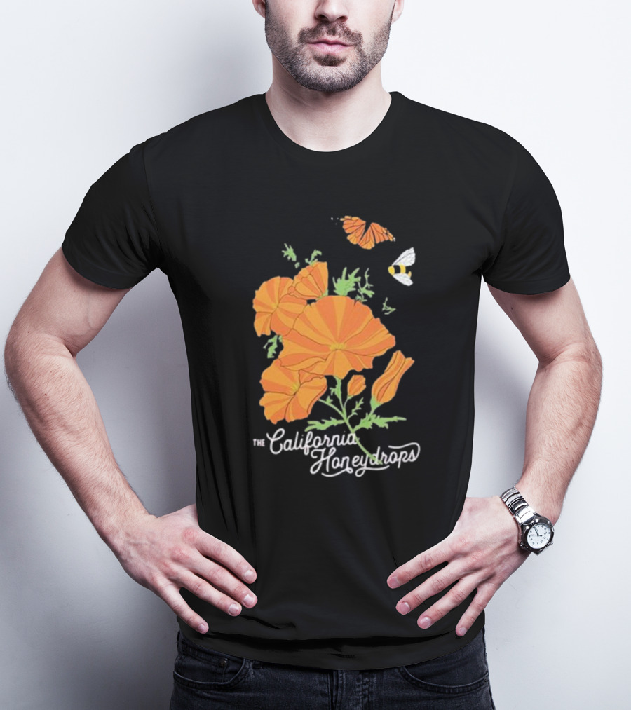 The California Honeydrops Orange Poppies Meadow With Butterfly And Bee T-Shirt