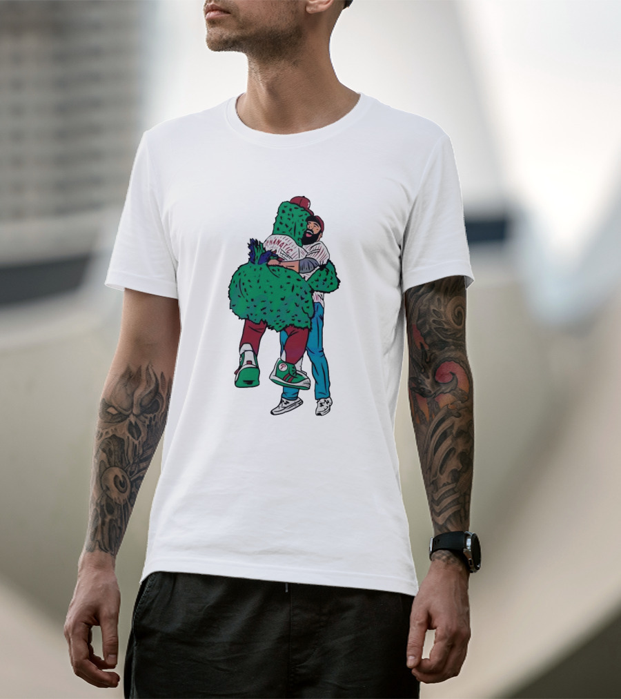 Phanatic Phillies Mascot Embrace With Baseball Player T-Shirt