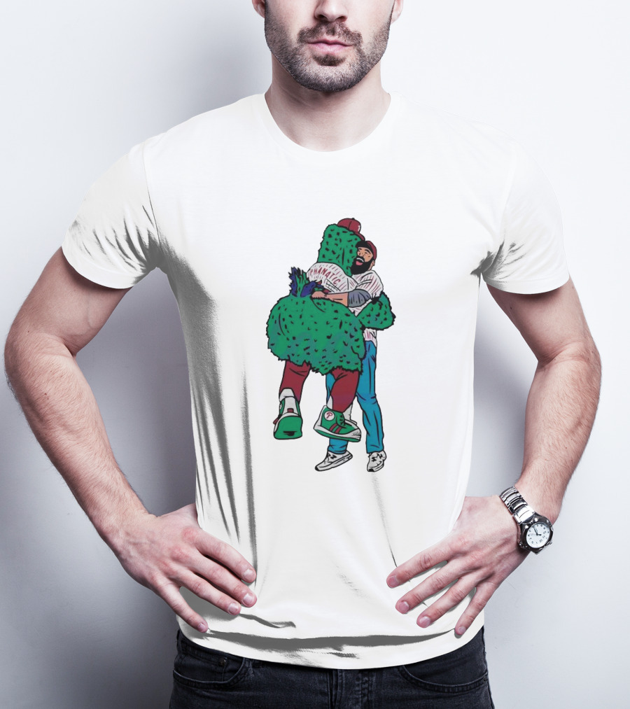 Phanatic Phillies Mascot Embrace With Baseball Player T-Shirt