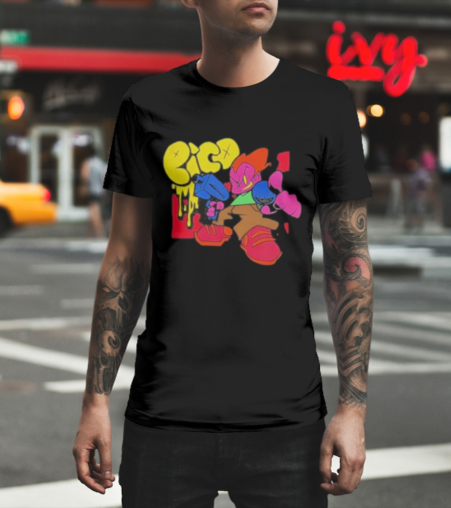 Friday Night Funkin Pico Colorful Cartoon Character Holding Gun T-Shirt