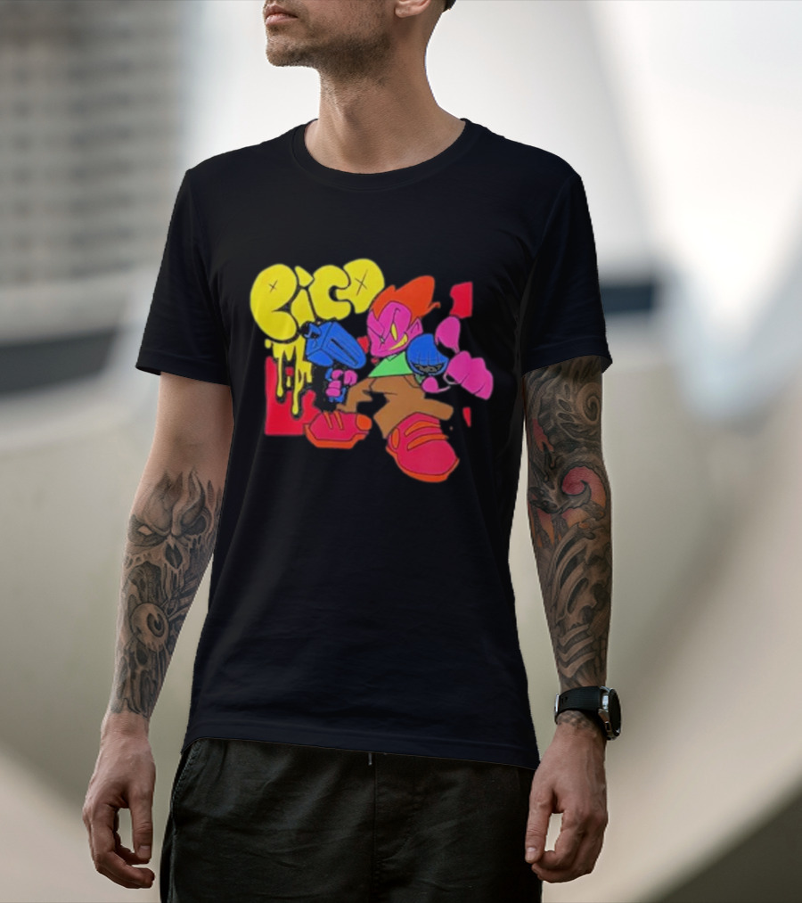 Friday Night Funkin Pico Colorful Cartoon Character Holding Gun T-Shirt