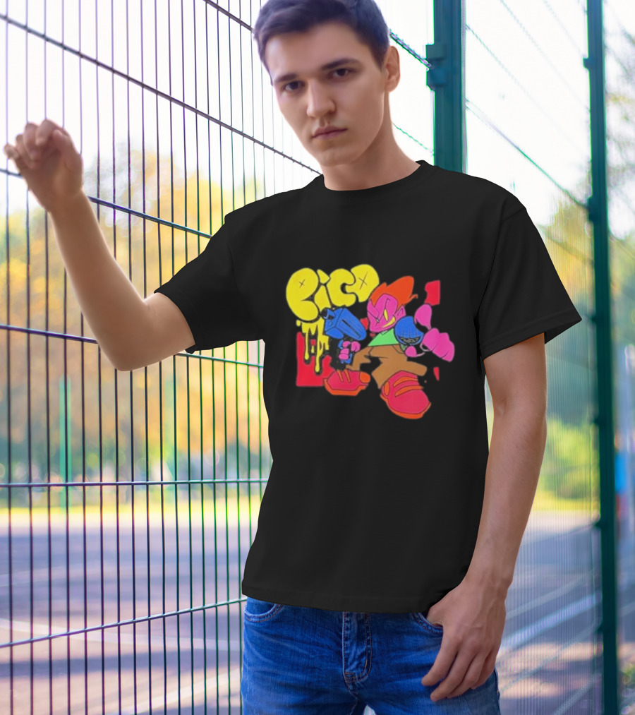 Friday Night Funkin Pico Colorful Cartoon Character Holding Gun T-Shirt
