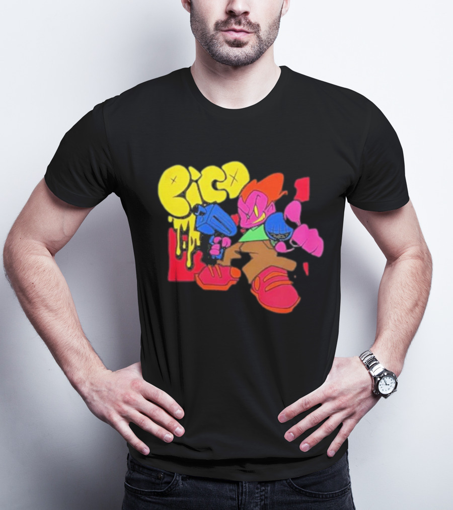 Friday Night Funkin Pico Colorful Cartoon Character Holding Gun T-Shirt