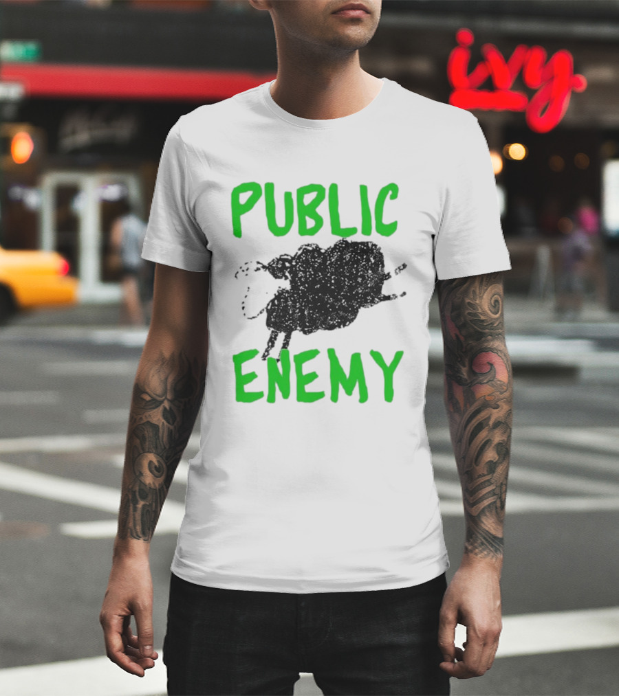 Public Enemy Sheep Black And Green Text T-Shirt