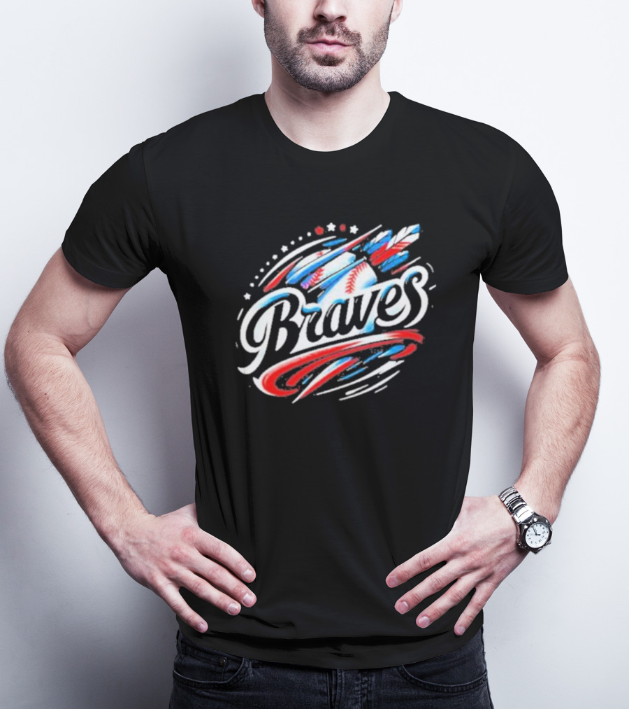 Braves Baseball Feathers MLB Team Logo With Stars And Stripes Motif T-Shirt