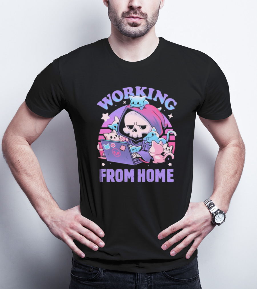 Working From Home Reaper With Cats Using Computer T-Shirt