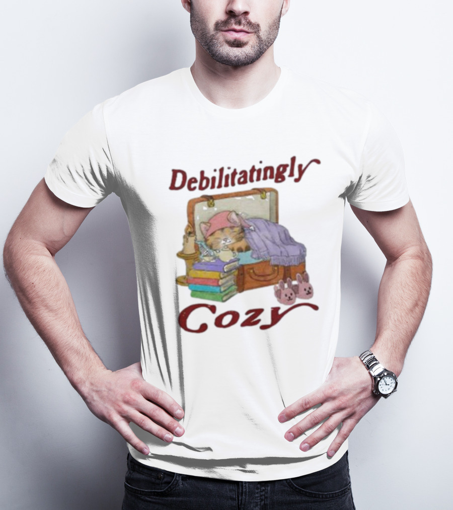 Debilitatingly Cozy Cat In Suitcase With Books And Bunny Slippers T-Shirt