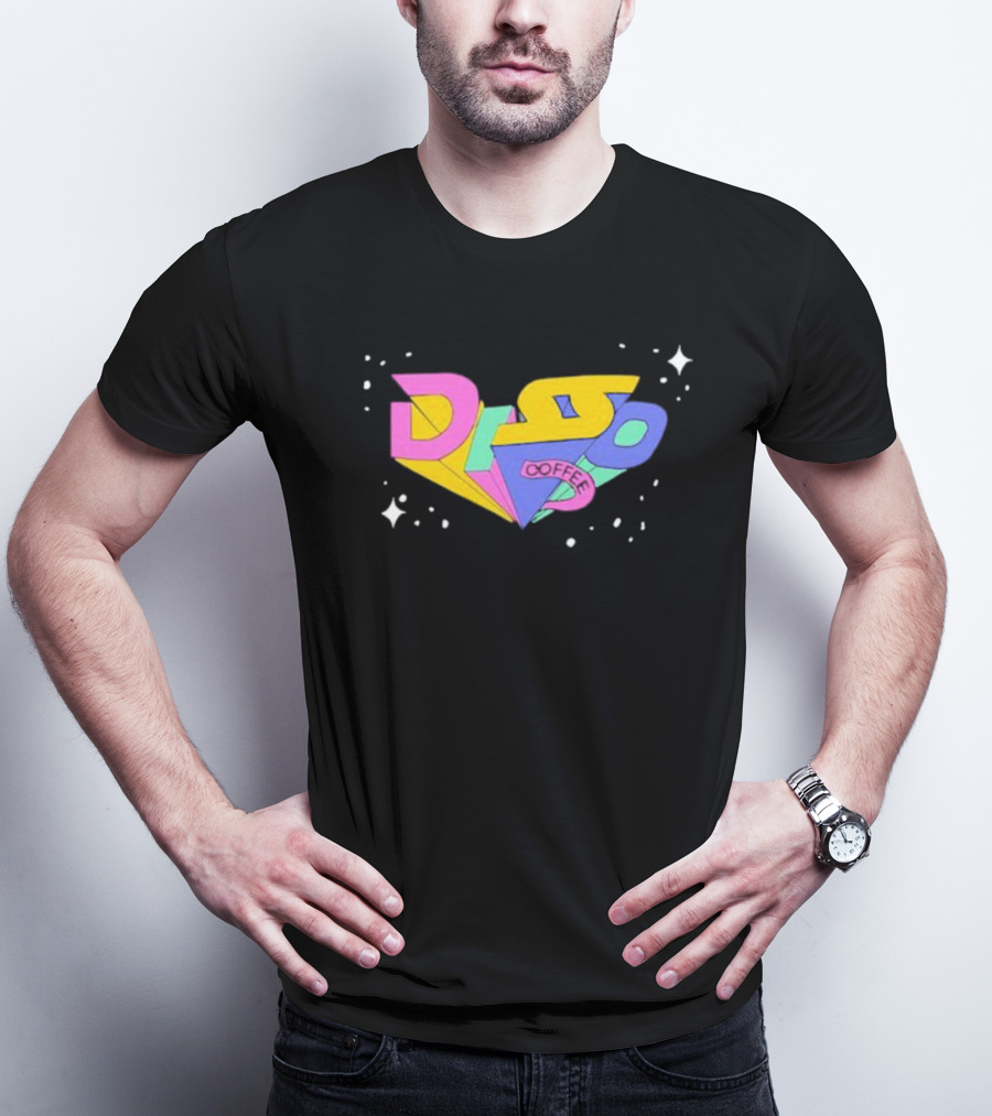Disso Coffee Retro 3D Text Colorful Shapes With Stars T-Shirt