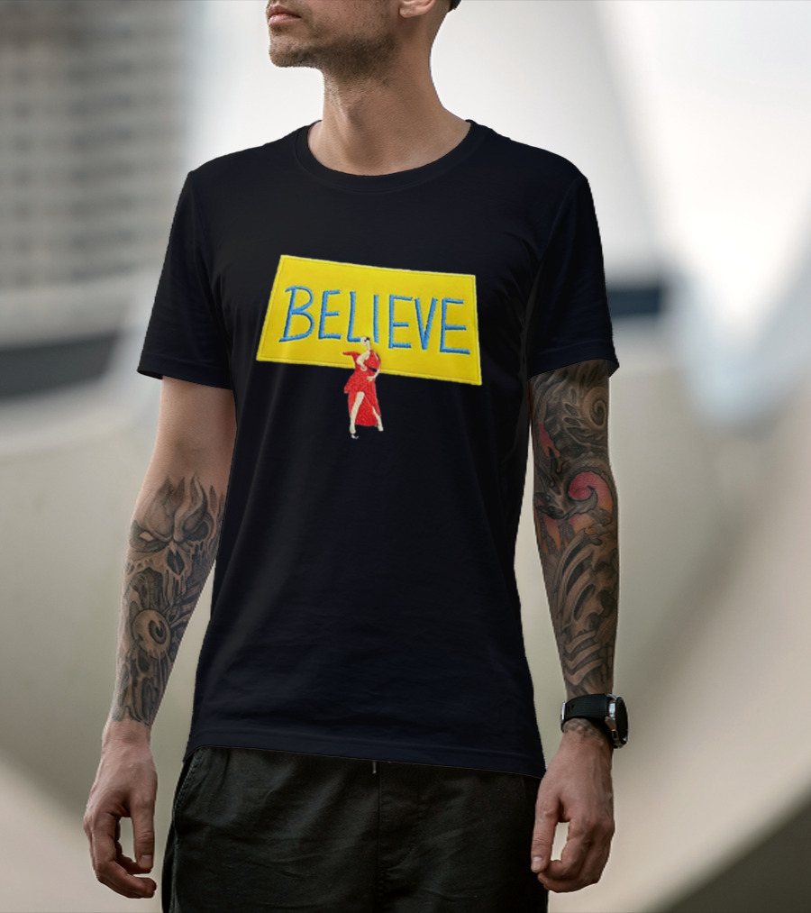 Hannah Waddingham Believe Yellow Sign With Red Dress T-Shirt