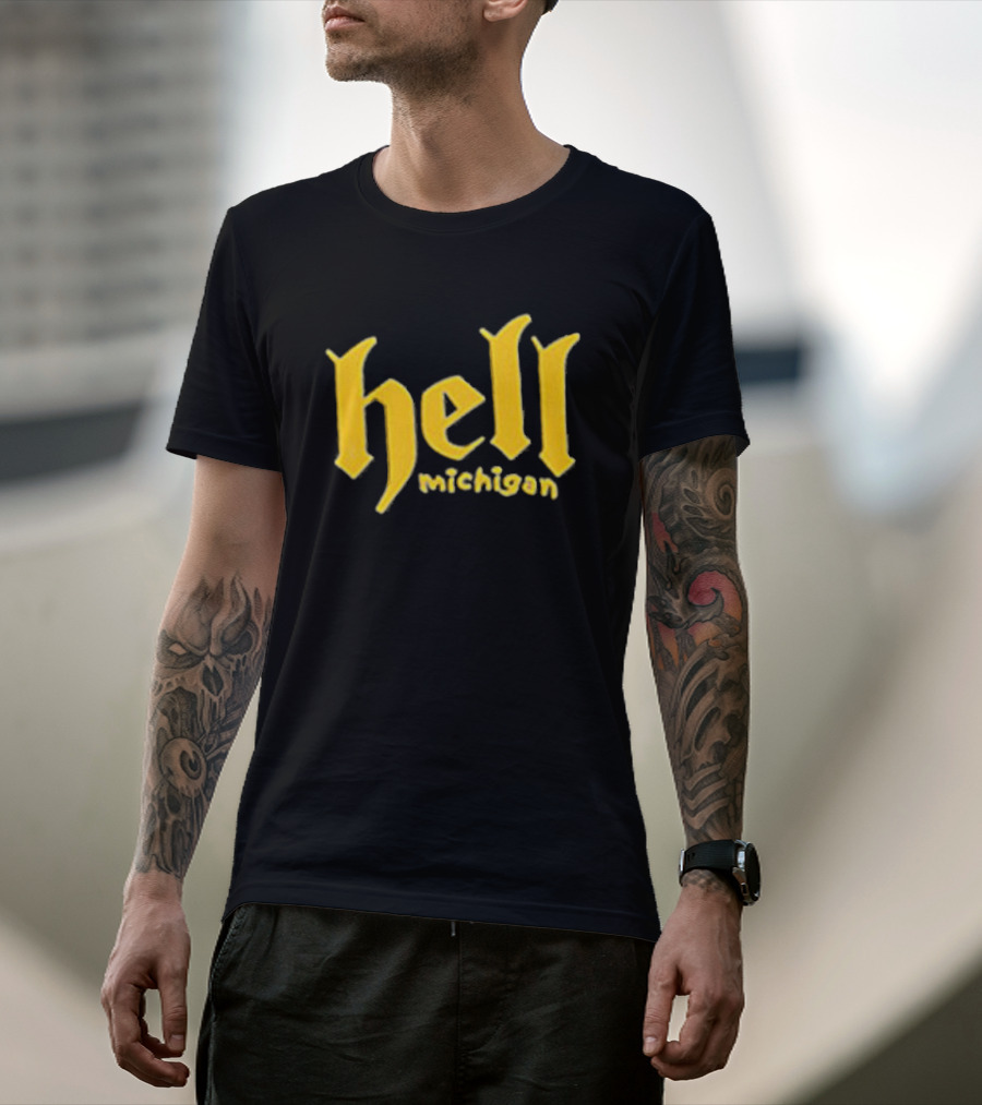 Hell Michigan Yellow Gothic Text T-Shirt
