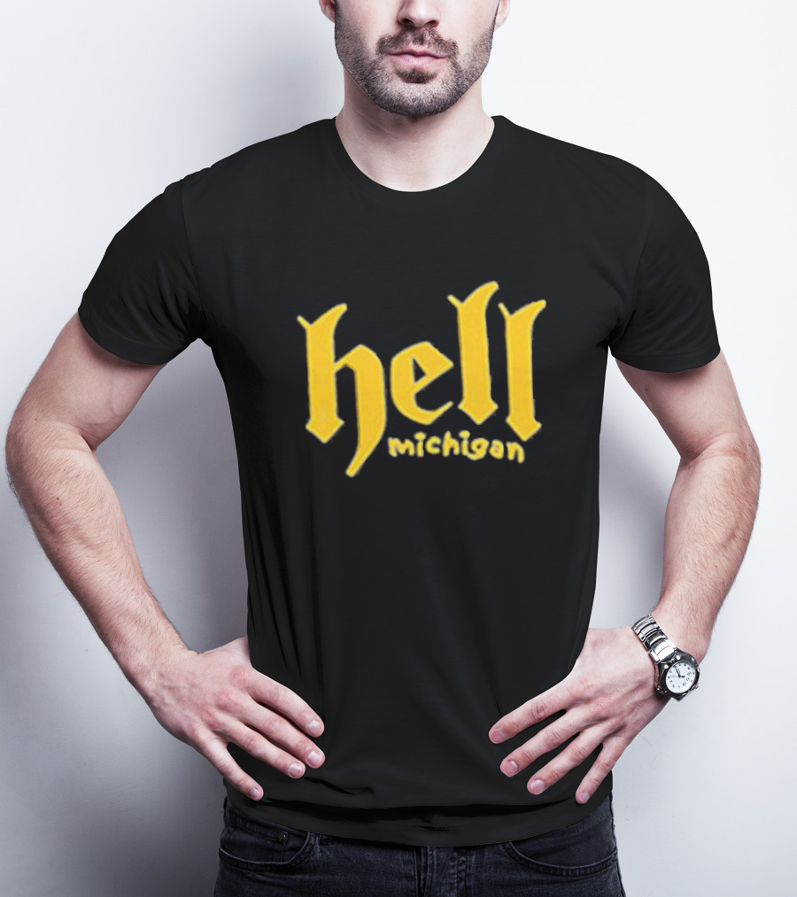 Hell Michigan Yellow Gothic Text T-Shirt