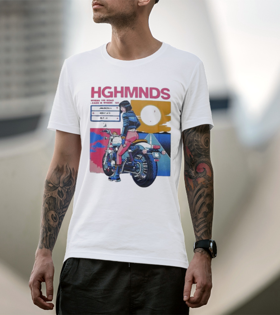 Hghmnds Where The Road Leads Is Where I Go Unknown Educate Elevate Biker Anime Style Moon Sun Desert Journey T-Shirt