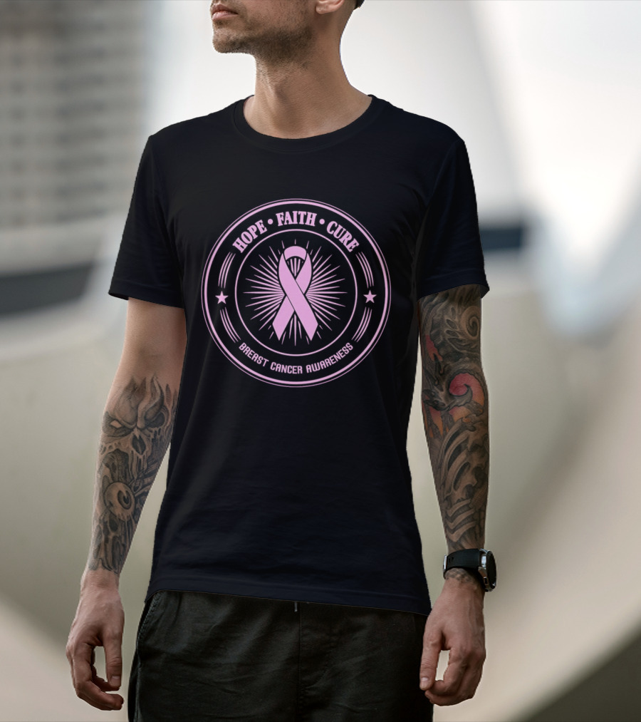Hope Faith Cure Breast Cancer Awareness Pink Ribbon Emblem T-Shirt