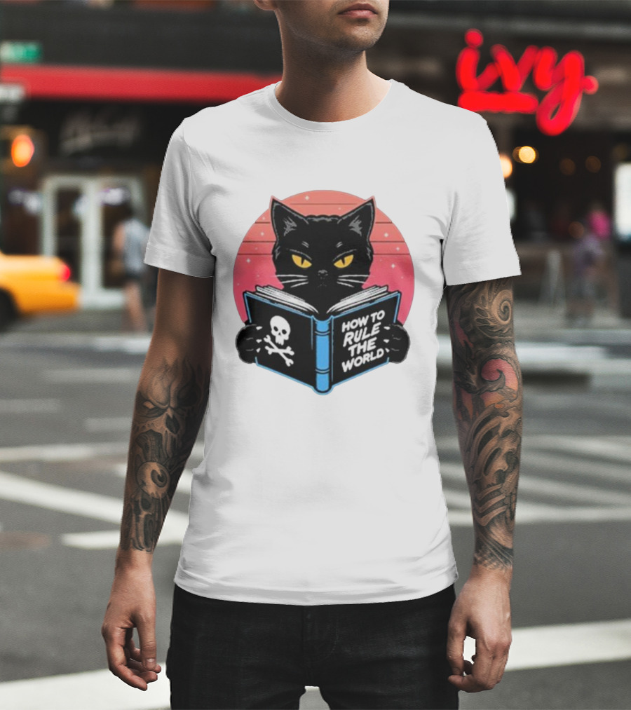 How To Rule The World Black Cat Reading Book With Skull T-Shirt