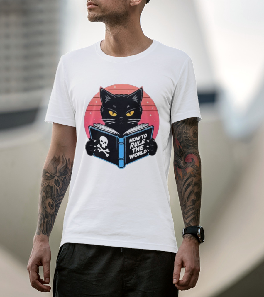 How To Rule The World Black Cat Reading Book With Skull T-Shirt
