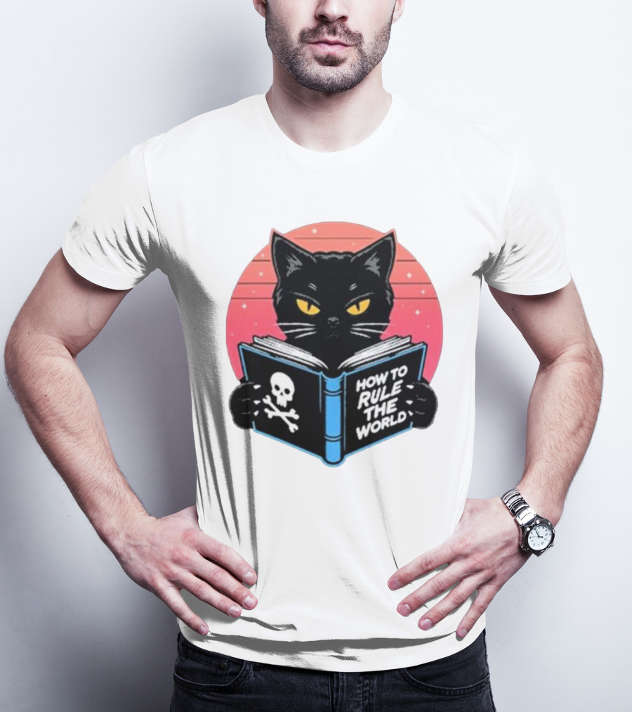 How To Rule The World Black Cat Reading Book With Skull T-Shirt