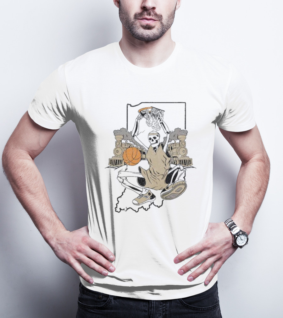Golo Bloods West Lafayette Indiana Basketball Skeleton With Locomotives And Indiana Outline T-Shirt