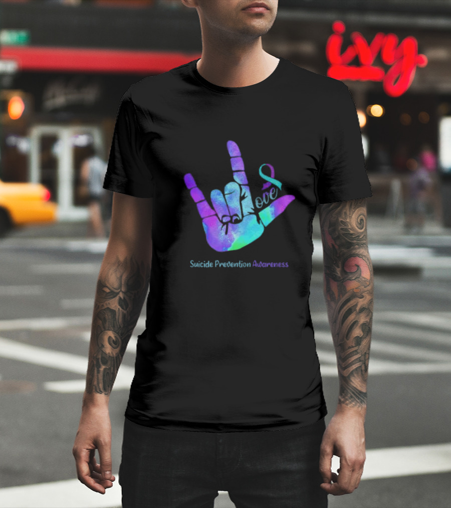 Love Hand Sign With Ribbon For Suicide Prevention Awareness T-Shirt