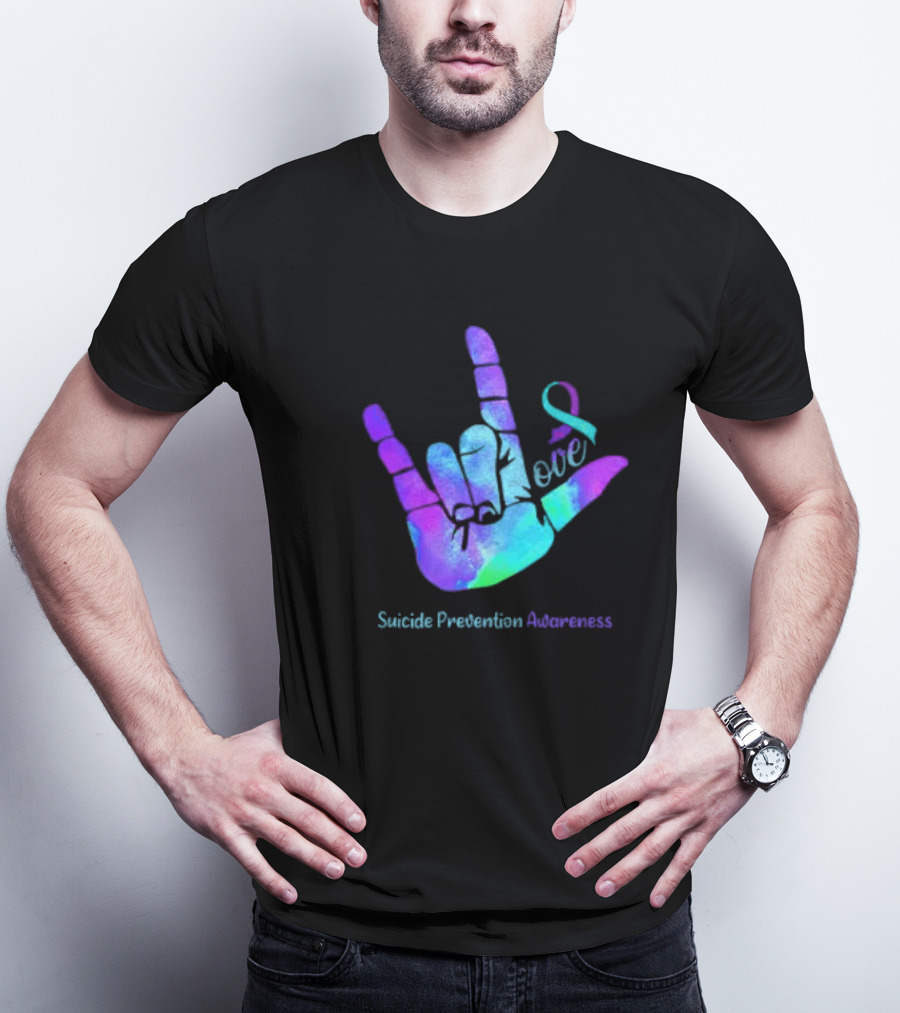 Love Hand Sign With Ribbon For Suicide Prevention Awareness T-Shirt