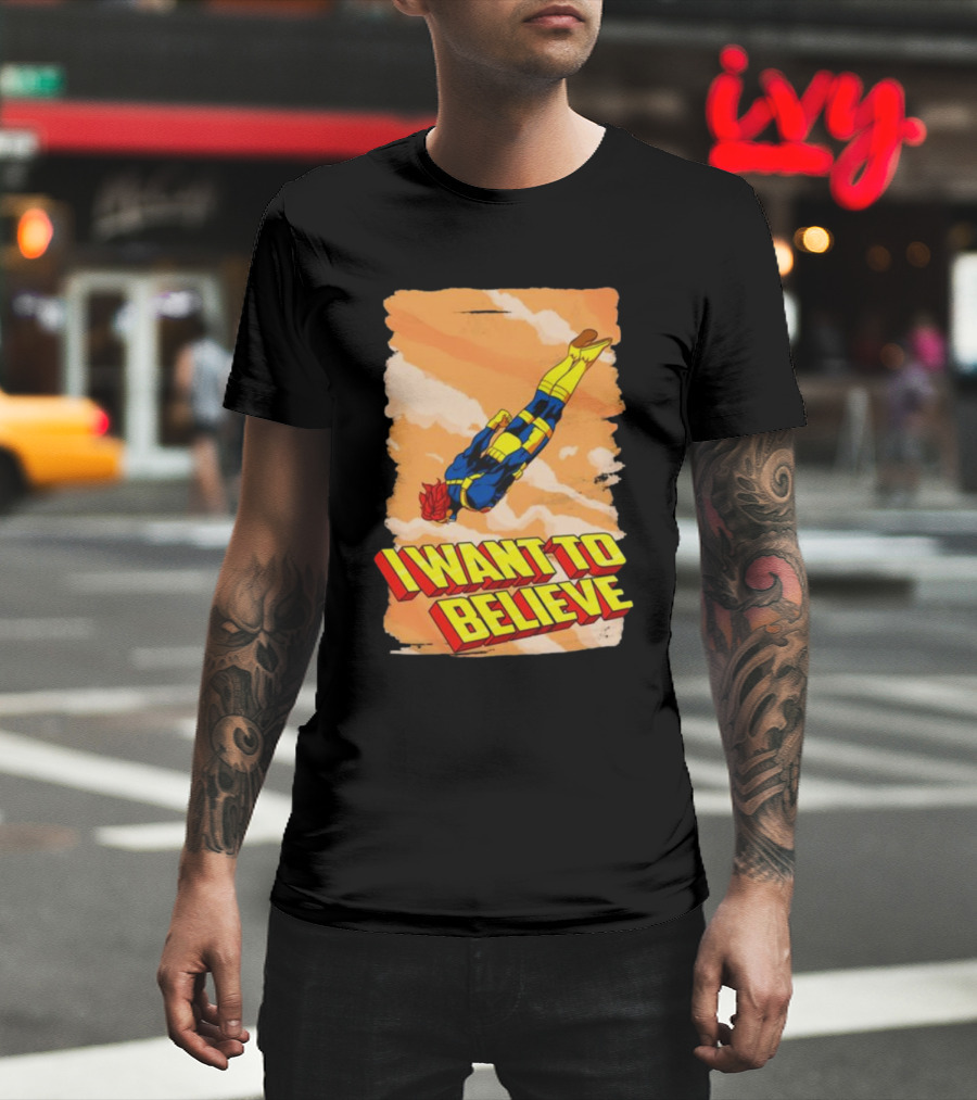 I Want To Believe Superheroes Retro Flying Hero In Yellow And Blue Suit T-Shirt
