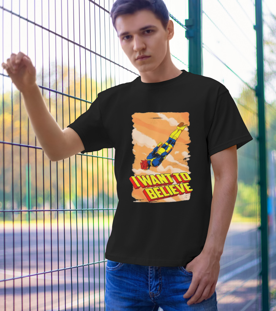 I Want To Believe Superheroes Retro Flying Hero In Yellow And Blue Suit T-Shirt