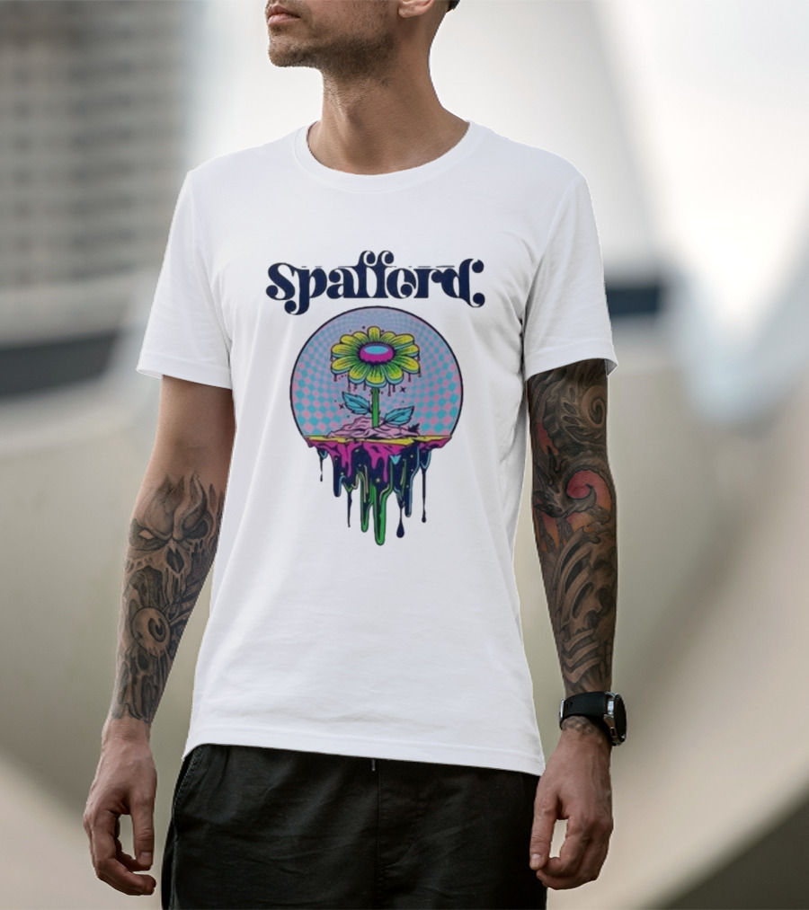 Spafford Psychedelic Space Flower In Pink And Blue Checkerboard T-Shirt