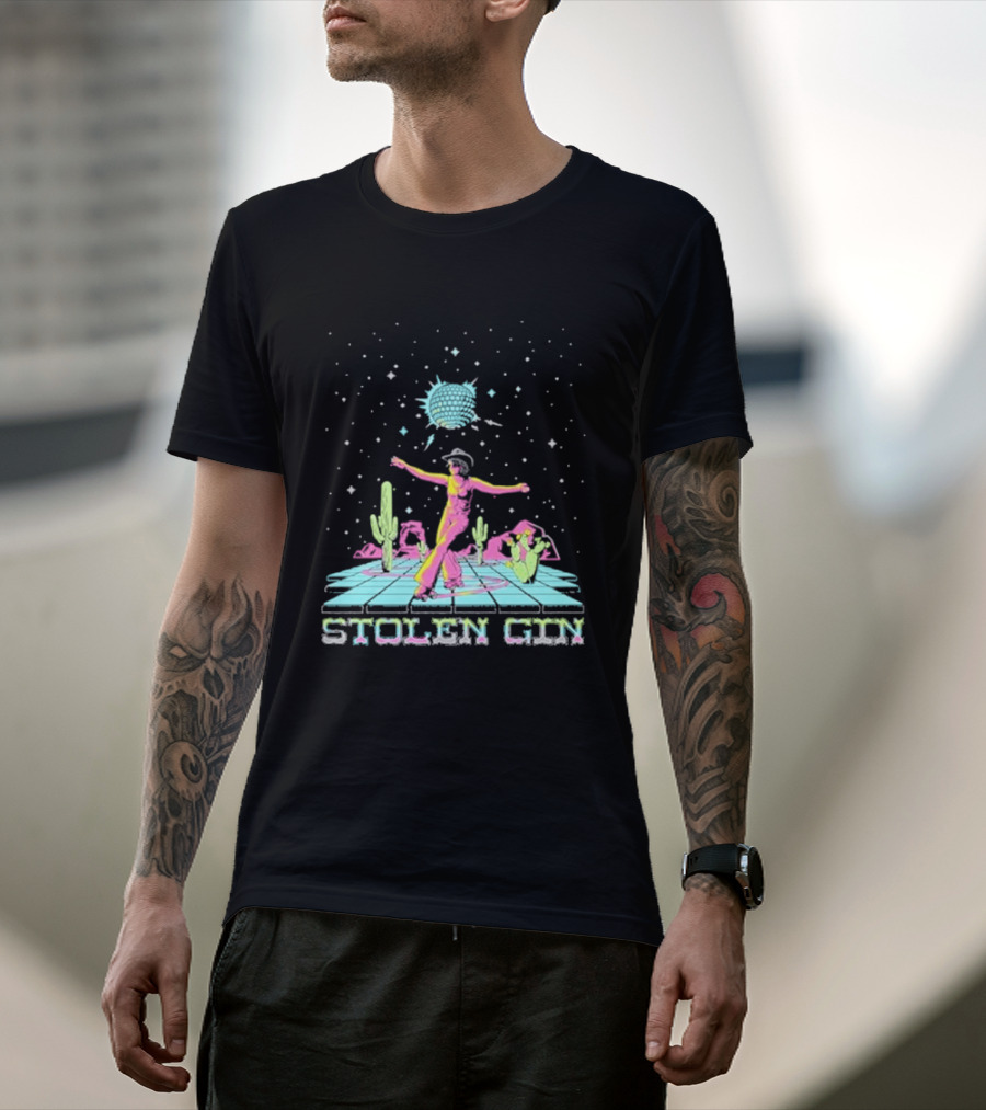 Stolen Gin Disco Cowgirl Dance Under Starry Night Desert Scene T-Shirt