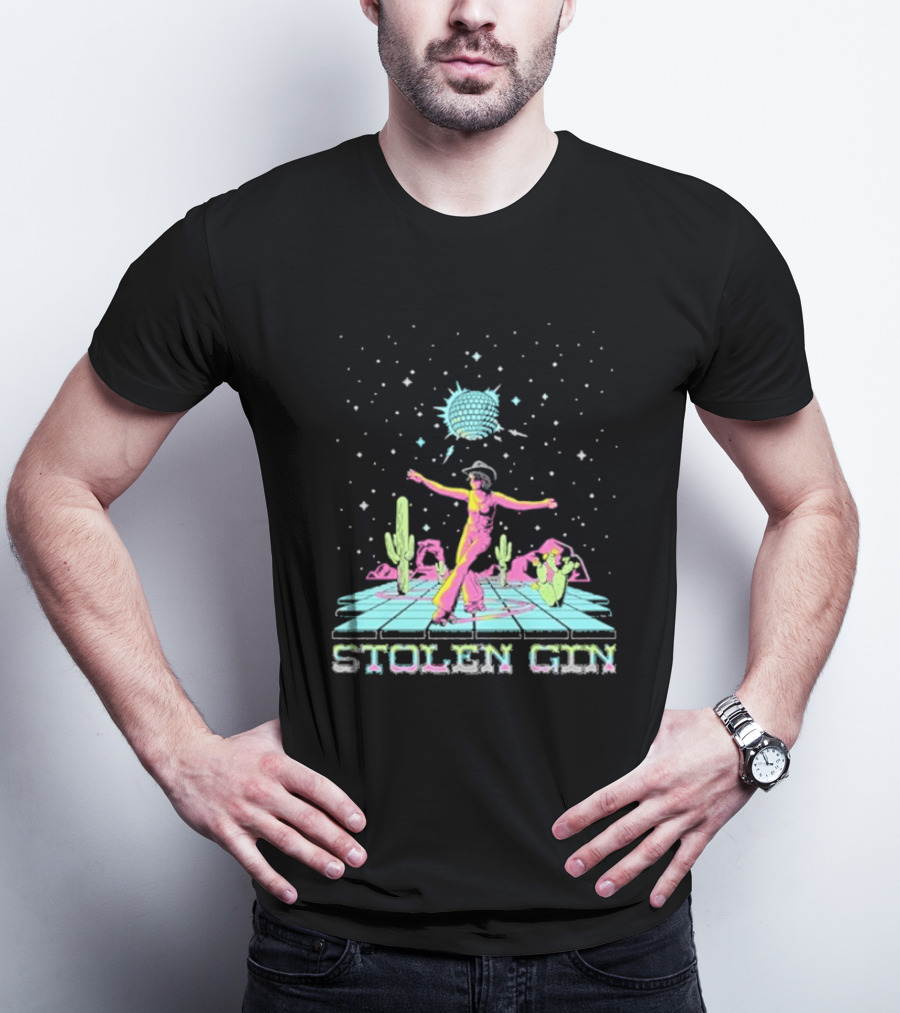Stolen Gin Disco Cowgirl Dance Under Starry Night Desert Scene T-Shirt