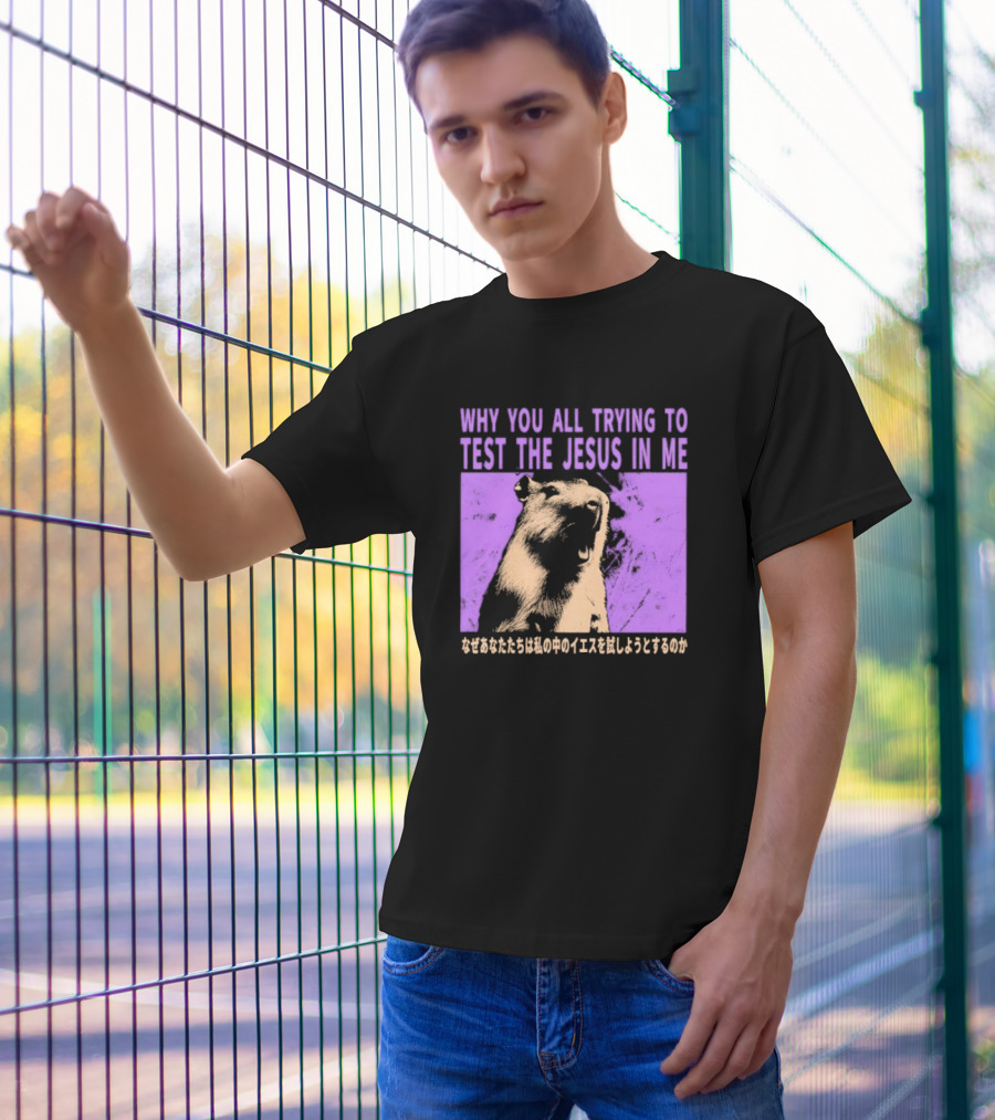 Why You All Trying To Test The Jesus In Me Capybara Japanese Text T-Shirt