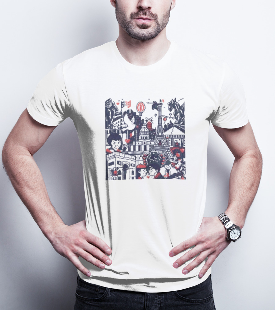 BasePaint Cityscapes Paris Eiffel Tower And Arc De Triomphe Neon Hearts T-Shirt