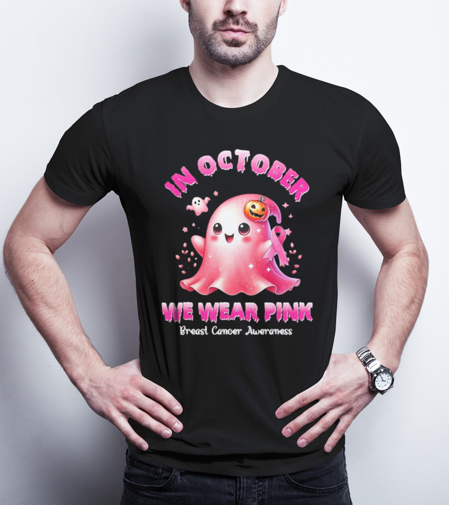 In October We Wear Pink Ghost Pumpkin Ribbon Breast Cancer Awareness T-Shirt