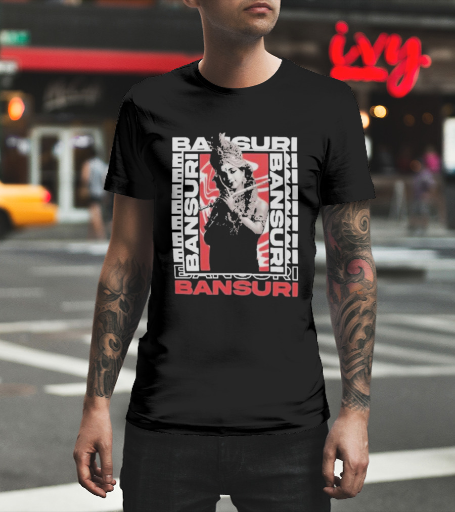 Bansuri Beautiful Girl With Flute Elegantly Framed In Red And White T-Shirt