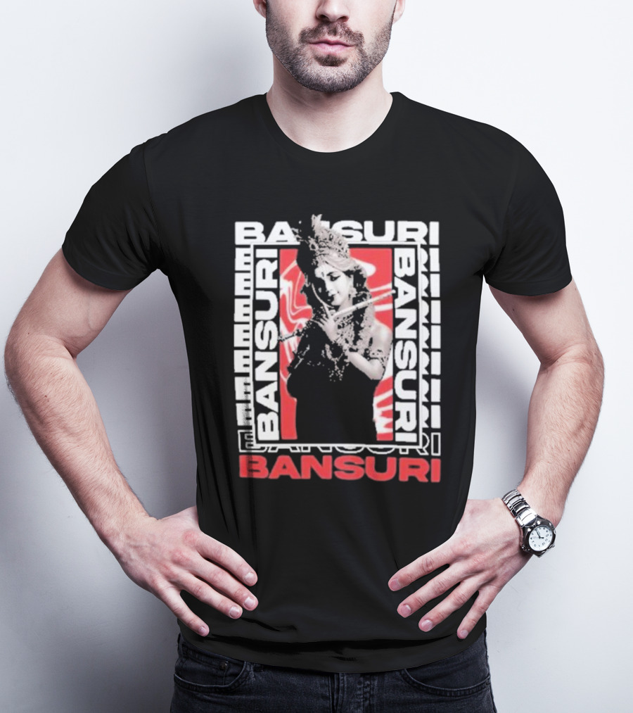 Bansuri Beautiful Girl With Flute Elegantly Framed In Red And White T-Shirt