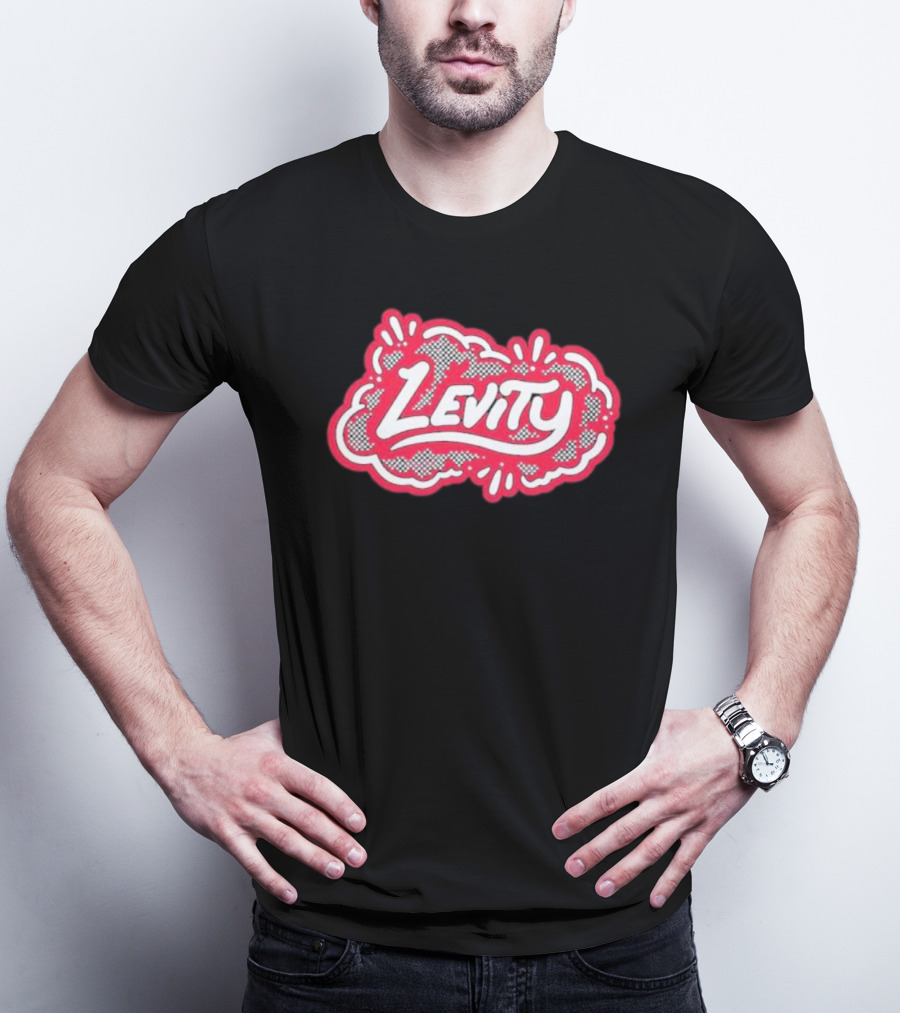 Levity Music Store Red And White Comic-Style Text On Black Cloud Background T-Shirt