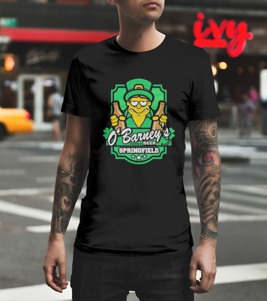 O’Barney’s Beer Springfield Leprechaun Holding Bottles Shamrock Badge T-Shirt