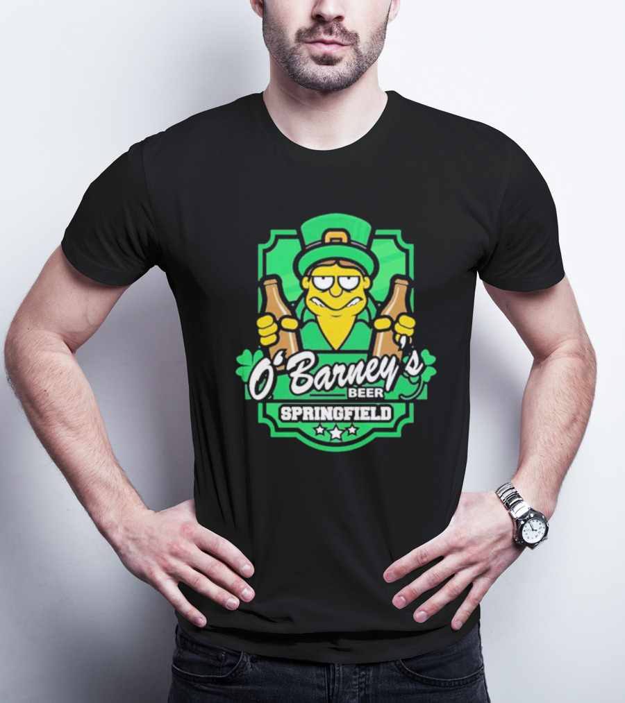 O’Barney’s Beer Springfield Leprechaun Holding Bottles Shamrock Badge T-Shirt