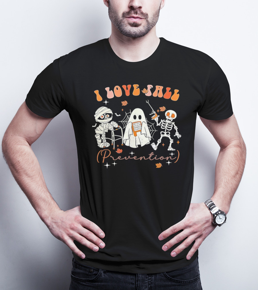 I Love Fall Prevention Groovy Retro Skeleton Mummy Physical Therapy T-Shirt