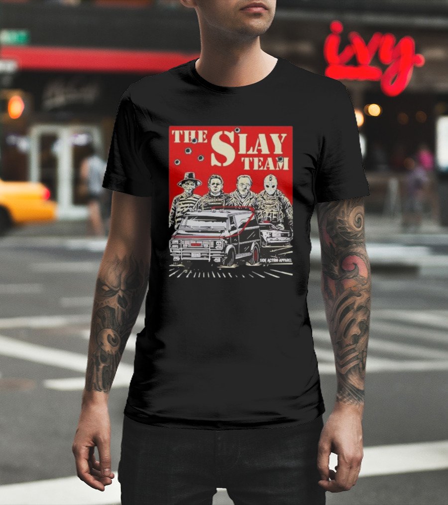 The Slay Team Horror Movies Characters Side Action T-Shirt