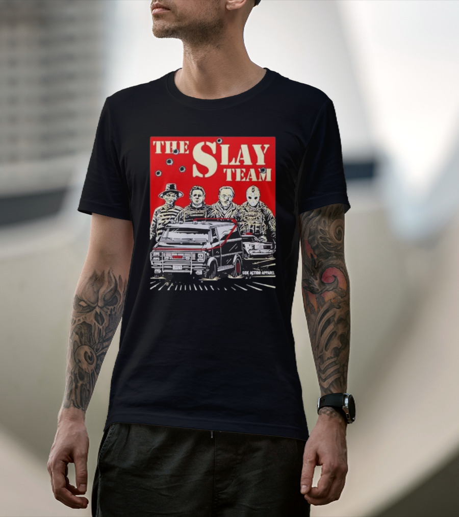 The Slay Team Horror Movies Characters Side Action T-Shirt