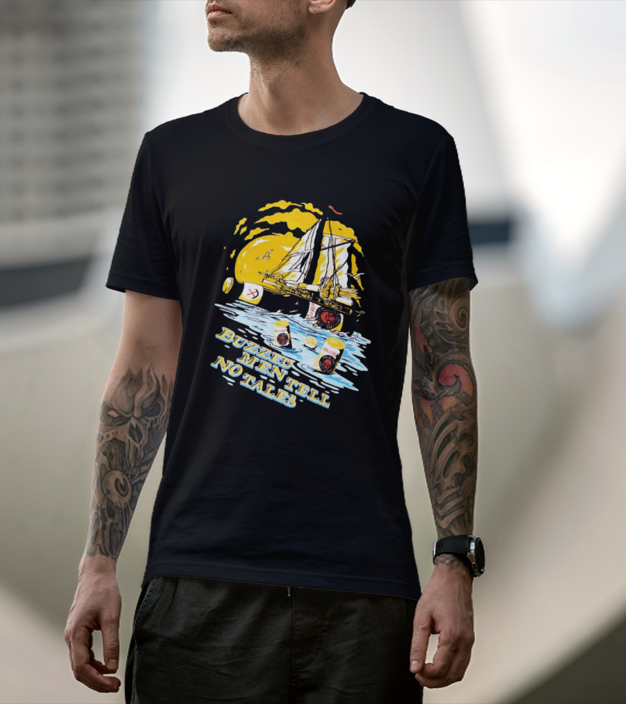 Buzzed Men Tell No Tales With Sailboat And Old Style Beer Can Waves T-Shirt