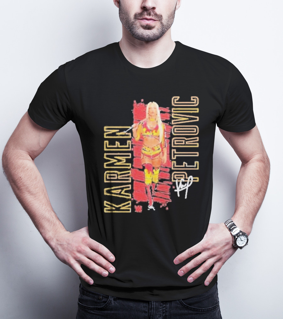 Karmen Petrovic Vertical Signature With Bold Red And Yellow Athlete T-Shirt