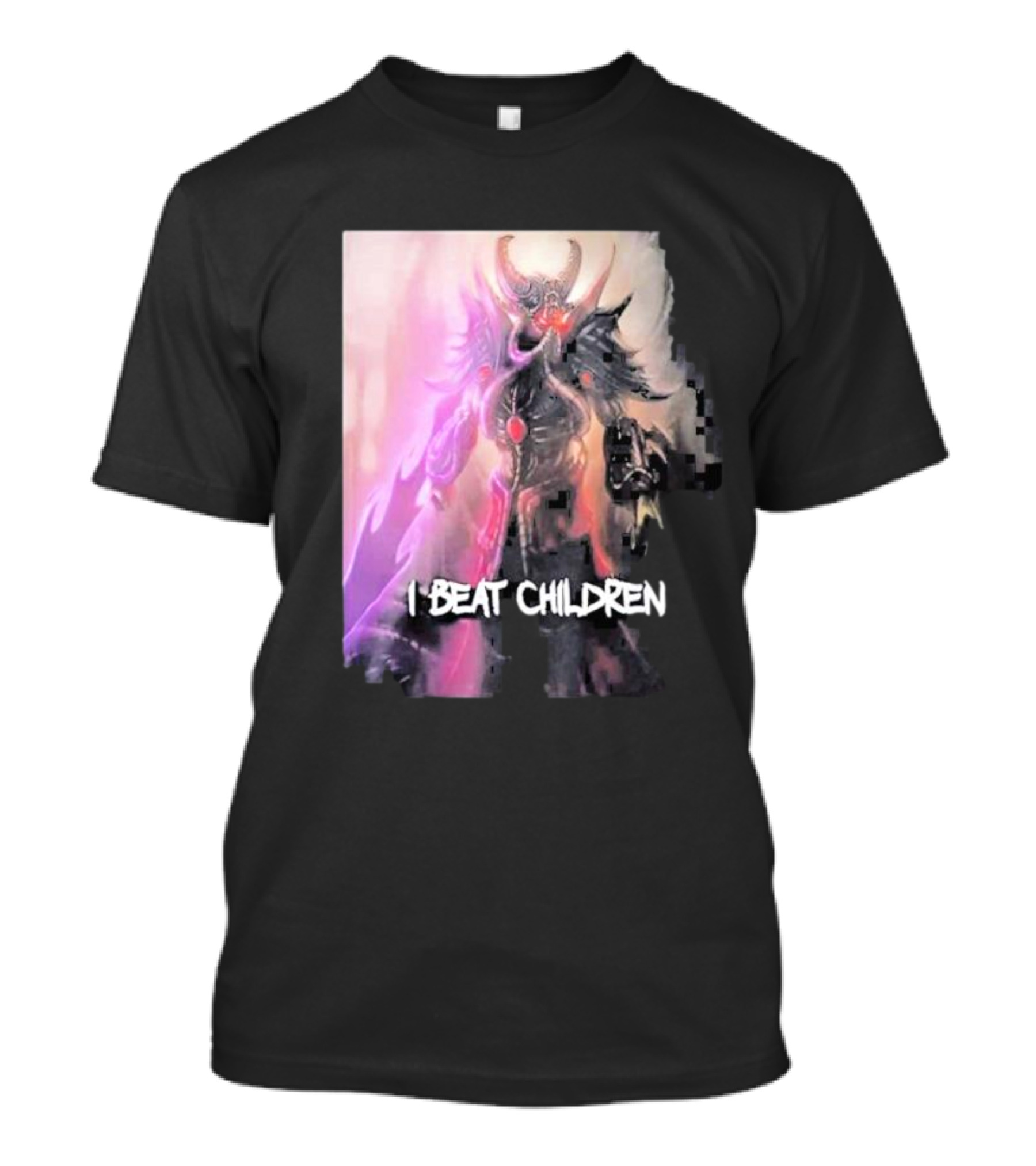 Kassadin I Beat Children Text Featuring Dark Mysterious Armored Character With Glowing Accents T-Shirt