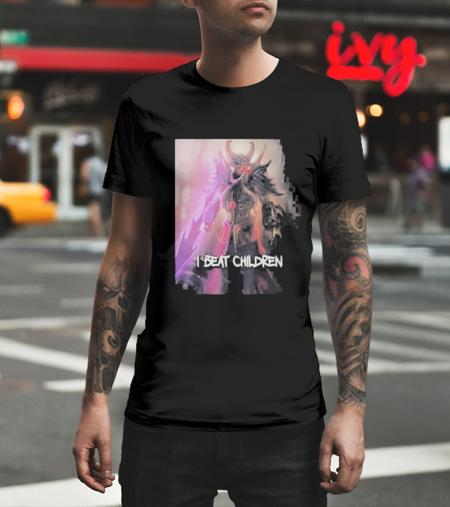 Kassadin I Beat Children Text Featuring Dark Mysterious Armored Character With Glowing Accents T-Shirt