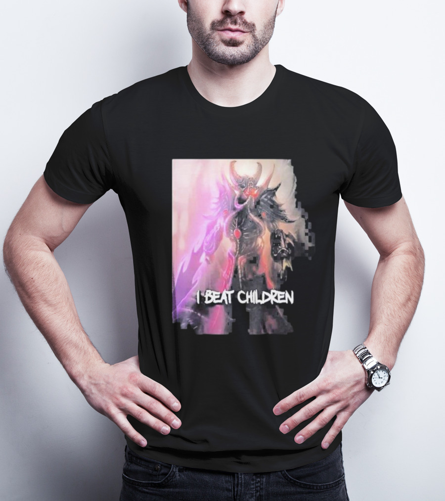 Kassadin I Beat Children Text Featuring Dark Mysterious Armored Character With Glowing Accents T-Shirt