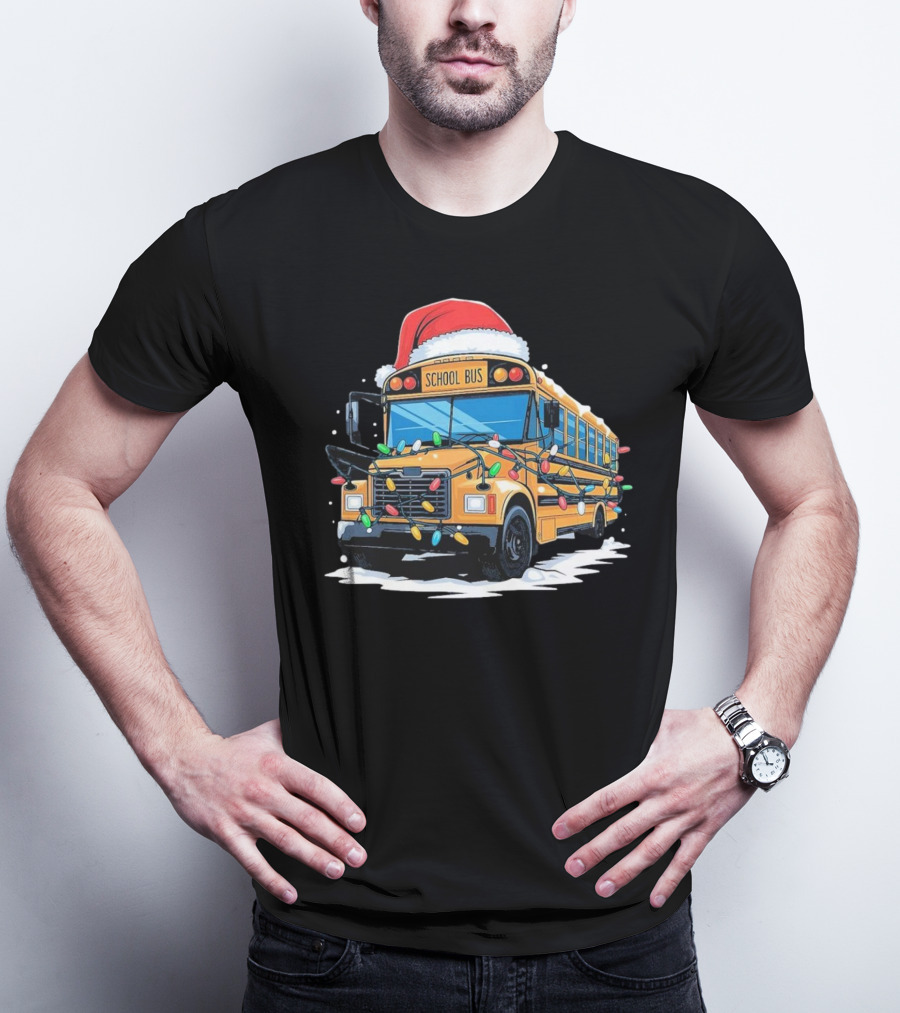 School Bus With Christmas Lights And Santa Hat Holiday Xmas T-Shirt