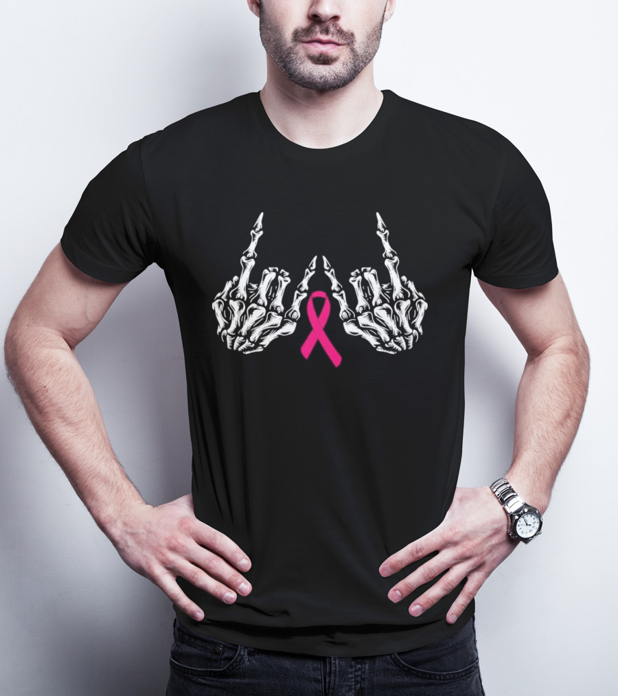 Skeleton Rock Hand Breast Cancer Awareness Pink T-Shirt