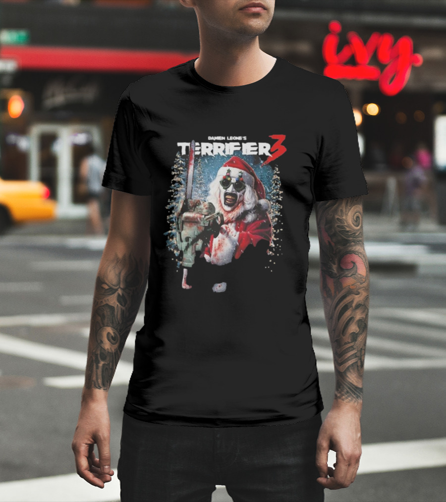 Damien Leone's Terrifier 3 Merry Mayhem Santa With Chainsaw T-Shirt