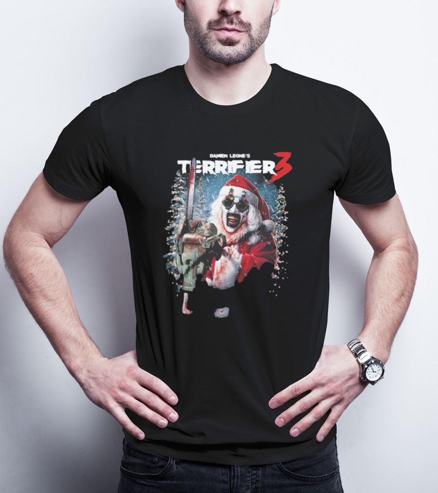 Damien Leone's Terrifier 3 Merry Mayhem Santa With Chainsaw T-Shirt